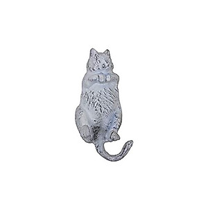 Handcrafted Nautical Decor Whitewashed Cast Iron Happy Fat Cat Decorative Metal Wall Hook 6"