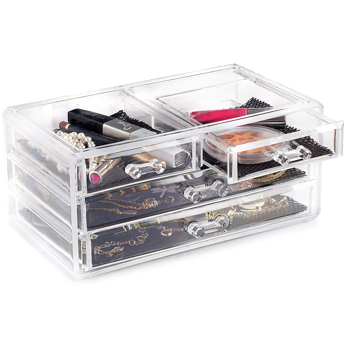 Clear Cosmetic Storage Organizer - Easily Organize Your Cosmetics, Jewelry and Hair Accessories. Looks Elegant Sitting on Your Vanity, Bathroom Counter or Dresser. Clear Design for Easy Visibility.