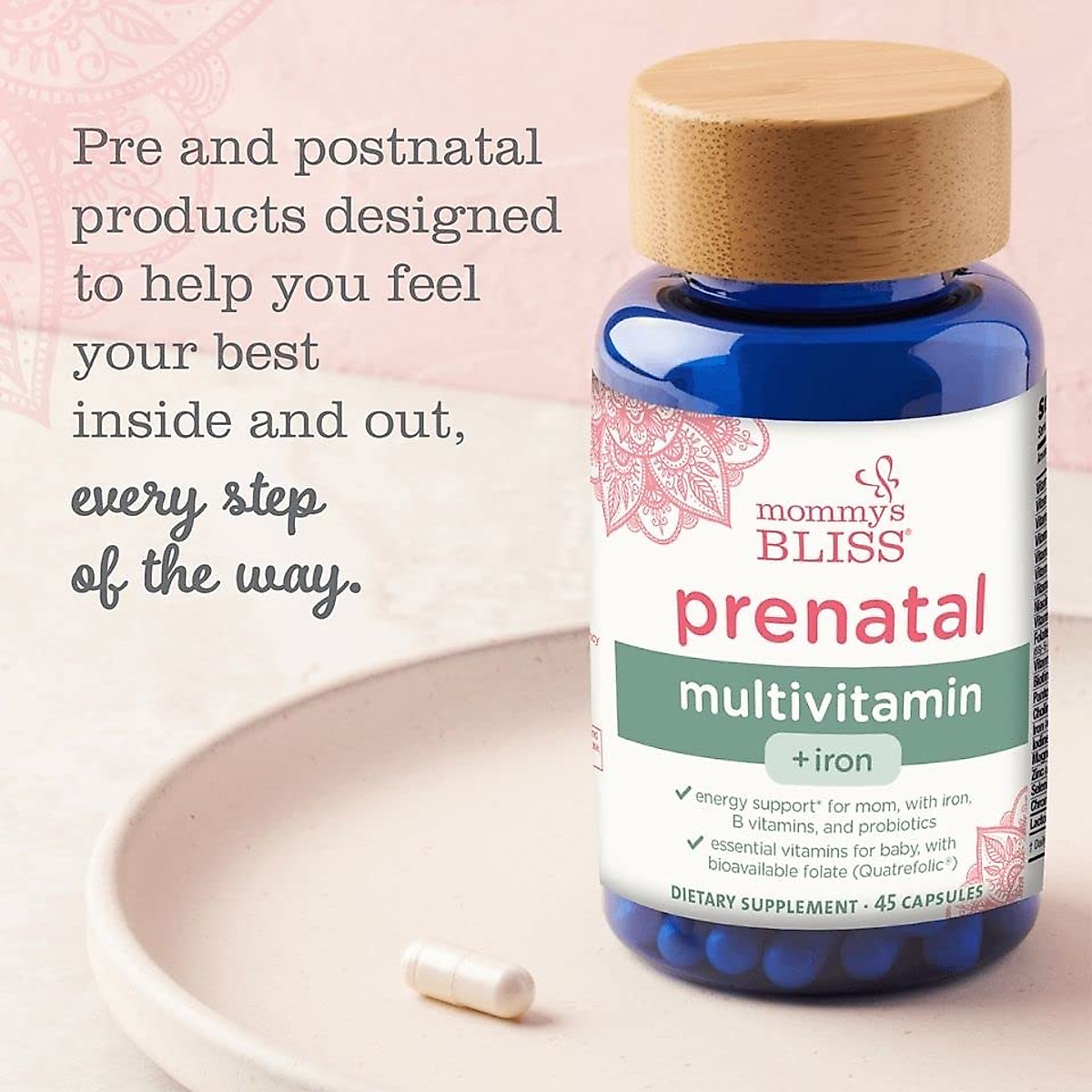 Mommy's Bliss Prenatal Multivitamin with Iron and Folic Acid: Supports Baby Development & Mom Immunity & Energy Levels* with Iron, Zinc, B Vitamins,Probiotics, Vegan, Gluten Free (45 Serving)Pack of 1