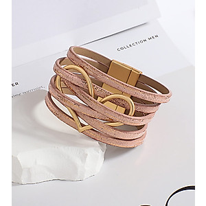 hotoo Pink Leather Wrap Bracelets for Women Boho Bracelet Heart Aesthetic Cuff Friendship Multi-layer Christmas Gifts for Her