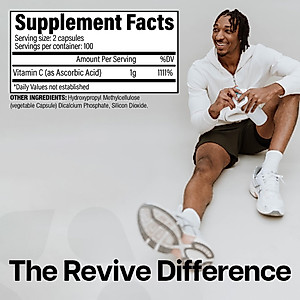 Revive MD Vitamin C Capsules, 1000mg - High-Potency VIT C Ascorbic Acid Dietary Supplement for Immune Support & Antioxidant Health - No Fillers & Non-GMO - 200 Vegetarian Capsules