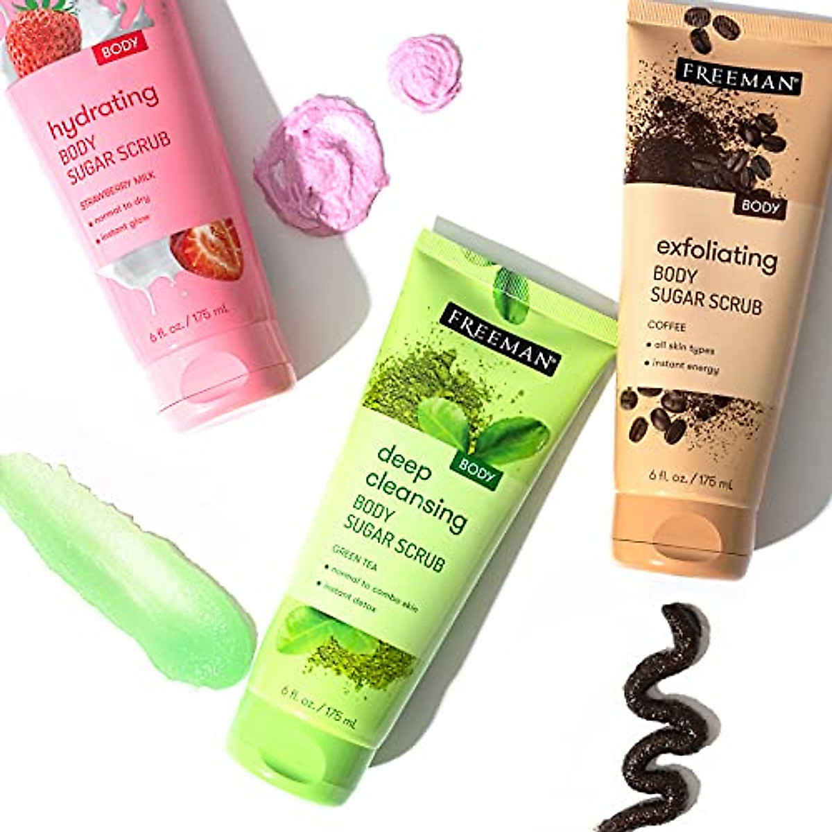 Freeman Sugar Body Scrub Set, Strawberry Milk, Green Tea, and Coffee Body Scrubs, Hydrating, Exfoliating, & Deep-Cleansing Skincare, Removes, Dirt, Oil, & Impurities, Self-Tan Prep, 3 Count