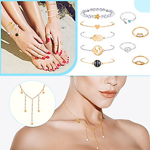 Batiyeer 60 Pcs Surfer Wave Strand, Summer Layered Choker Pendant Necklace Adjustable Multilayer Chain Necklaces Adjustable Bracelet Handmade Sunflower Rope Anklets Knuckle Rings (Elegant)