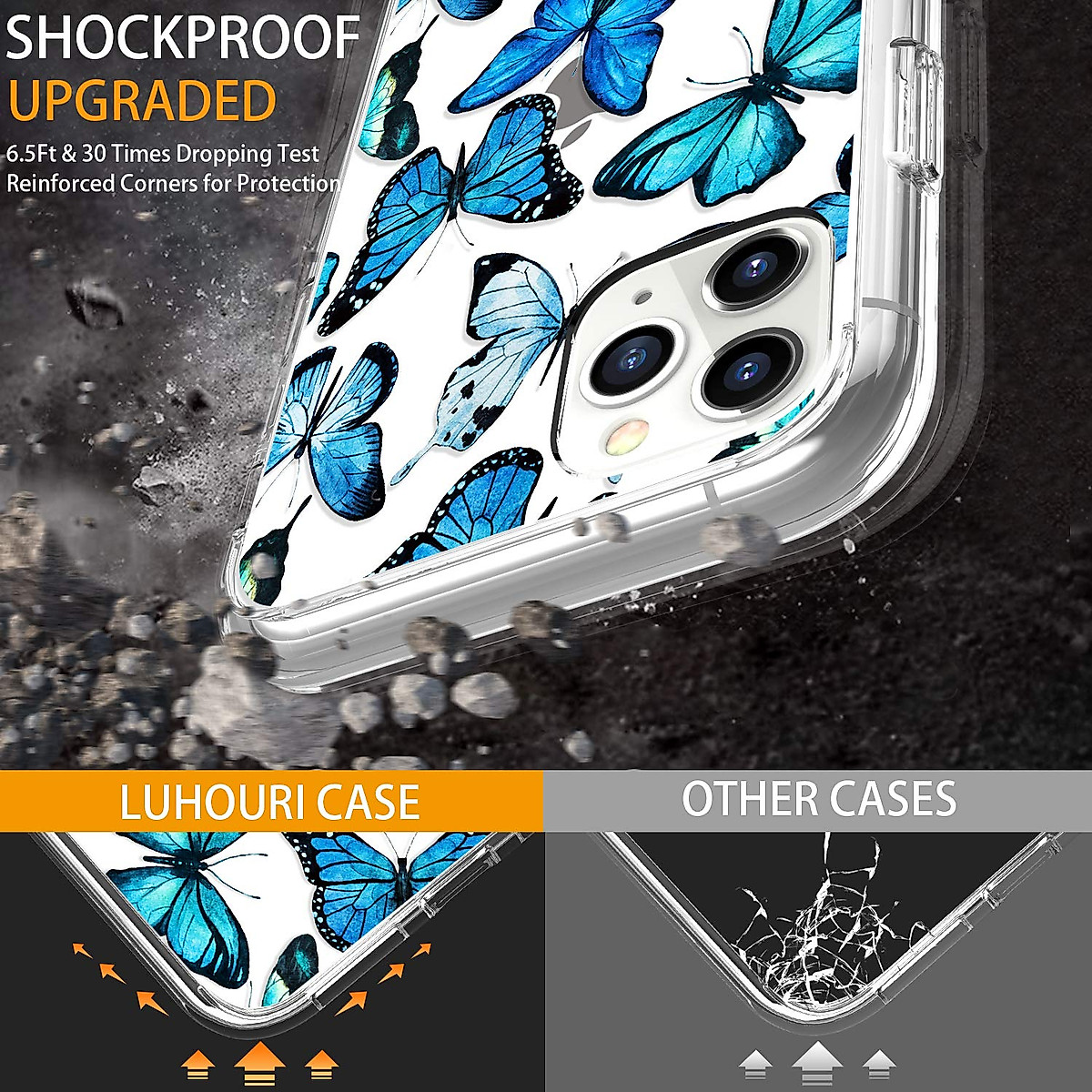 LUHOURI Designed for iPhone 11 Pro Max Case with Screen Protector - Slim Fit, Sturdy Clear Acrylic Cover for Women and Girls - Protective Phone Case 6.5" - Floral Blue Butterflies