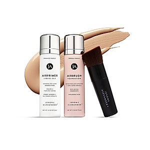 MagicMinerals AirBrush Foundation Set by Jerome Alexander – 3pc Set Includes Primer, Foundation and Kabuki Brush - Spray Makeup with Anti-aging Ingredients for Smooth Radiant Skin (Warm Medium)