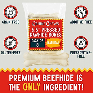 Canine Chews Pressed Rawhide Bones for Large Dogs - 5.5" Long Lasting Dog Chews - Compressed Beefhide Large Dog Chew Bones - Chew Toy Dog Bones - Raw Hide Bones Dog for Aggressive Chewers (5.5", 8pk)