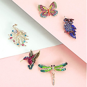 Hicarer 9 Pieces Women Brooches Pins Bulk Set Rhinestone Animal Insect Crystal Pins Butterfly Dragonfly Hummingbird Owl Peacock Brooch Pin for Women Girls Gifts, 9 Styles