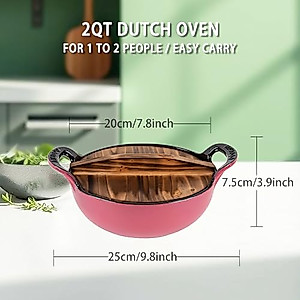 AILIBOO 2 Quart Dutch Oven Pot Round Cast Iron Enamel Cookware with Wooden Lid Soup Pot Mini Soup Pots - Pink