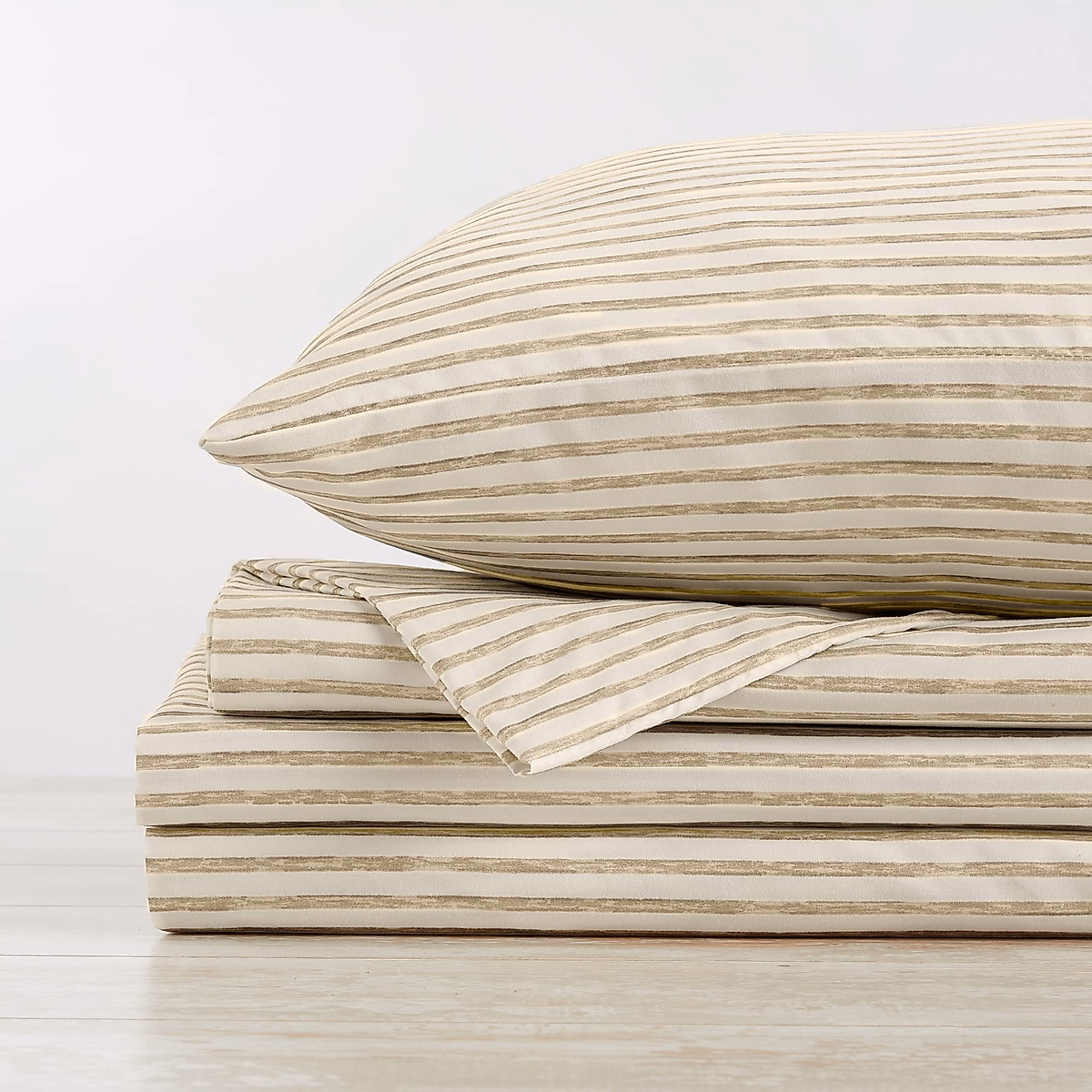 Great Bay Home 3-Piece Twin Size Stripe Microfiber Sheet Set | Ultra-Soft, Brushed Bedding Sheets & Pillowcases | Wrinkle Free, Comfortable, All-Season Bed Sheets (Twin, Light Taupe)