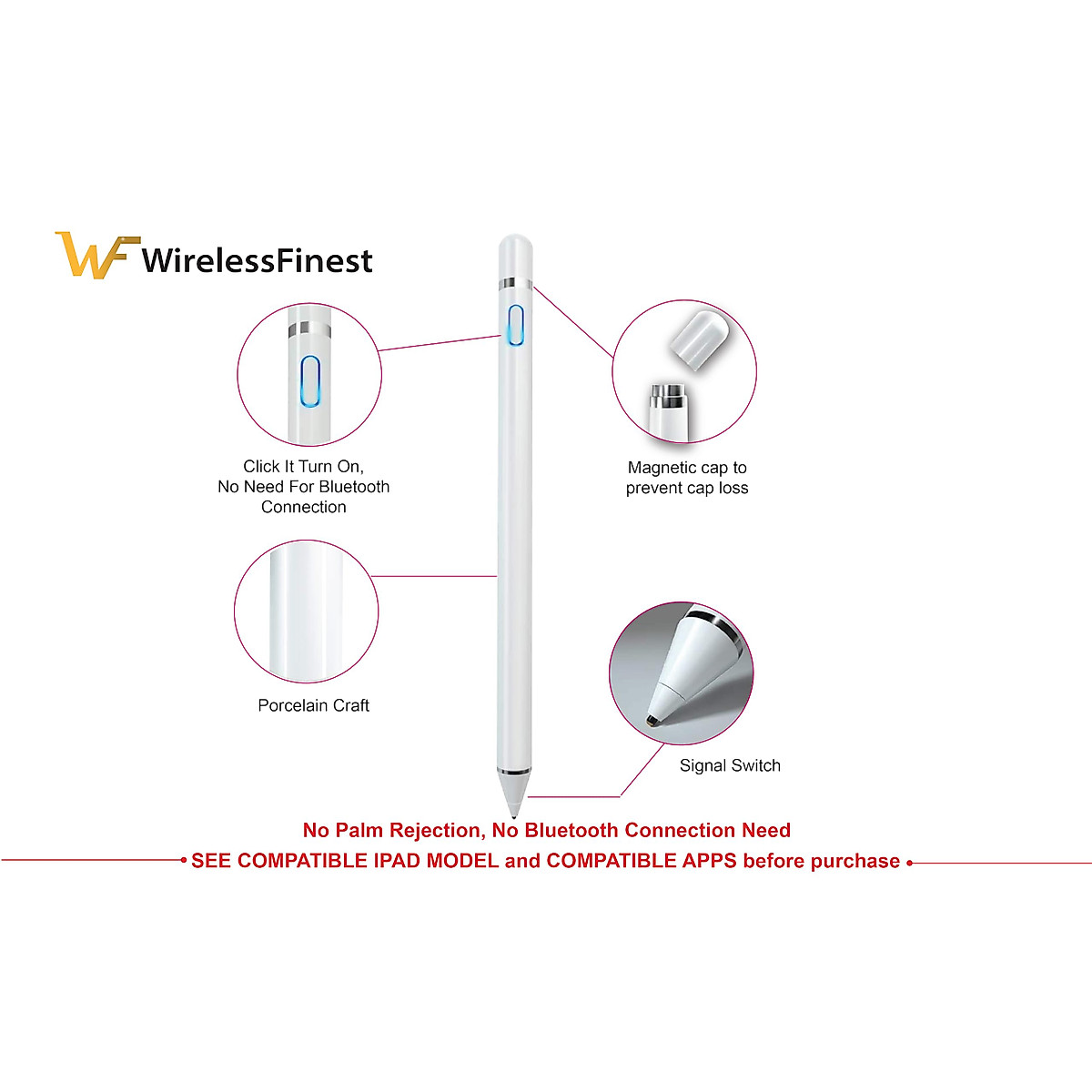 Stylus Pen Pencil 1st Generation Gen Replacement for Apple iPad Pro 1st iPad 1st 2nd 3rd 4th 5th iPad Mini 1 2 3 4 iPad Air 1st 2nd iOS Android Capacitive Tablet Touch Screen + Free Holder (White)