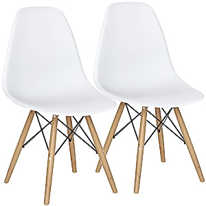 GOFLAME DSW Dining Chairs, Shell Plastic Chairs with Wood Legs, Modern Style Armless Chairs for Living Room Kitchen Bedroom, Eiffel DSW Style Side Chairs with Ergonomic Backrest Set of 2, White