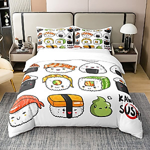 100% Natural Cotton Sushi Pattern Bedding Set Twin, Japanese Style Duvet Cover, Food Theme Comforter Cover Set For Kids Boys Girls Teens, Cute Cartoon Japanese Sushi Bedding Room Decorative