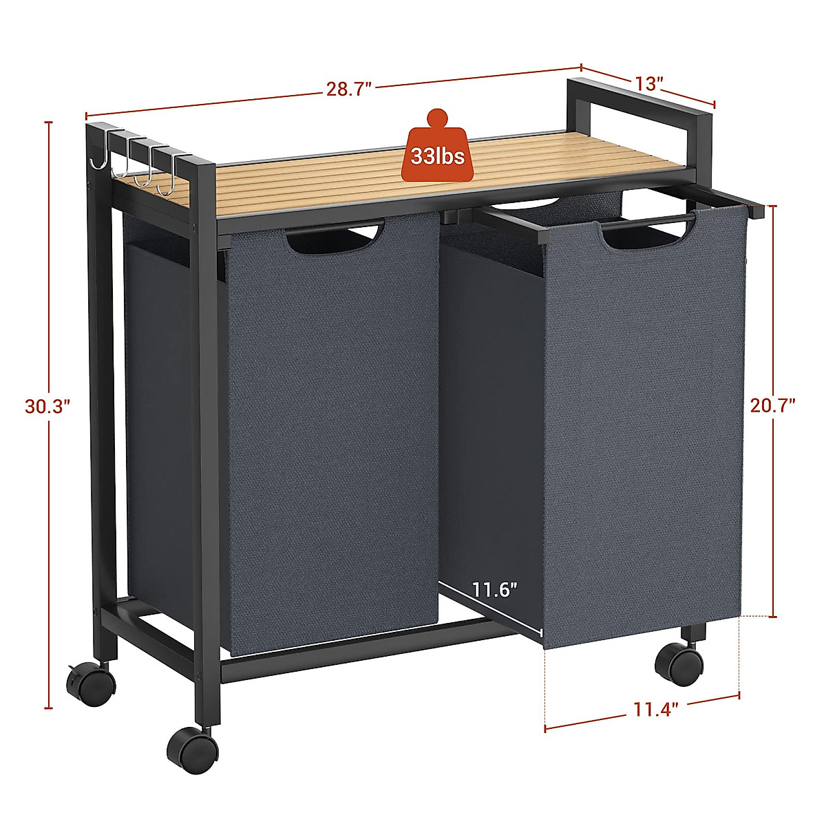 Homykic Pull-Out Laundry Hamper with Wheels and Bamboo Shelf, 2-Section 100L Laundry Organizer Sorter Cart with Removable Laundry Bags and 4 Hooks, Sturdy Metal Frame, Natural&Black