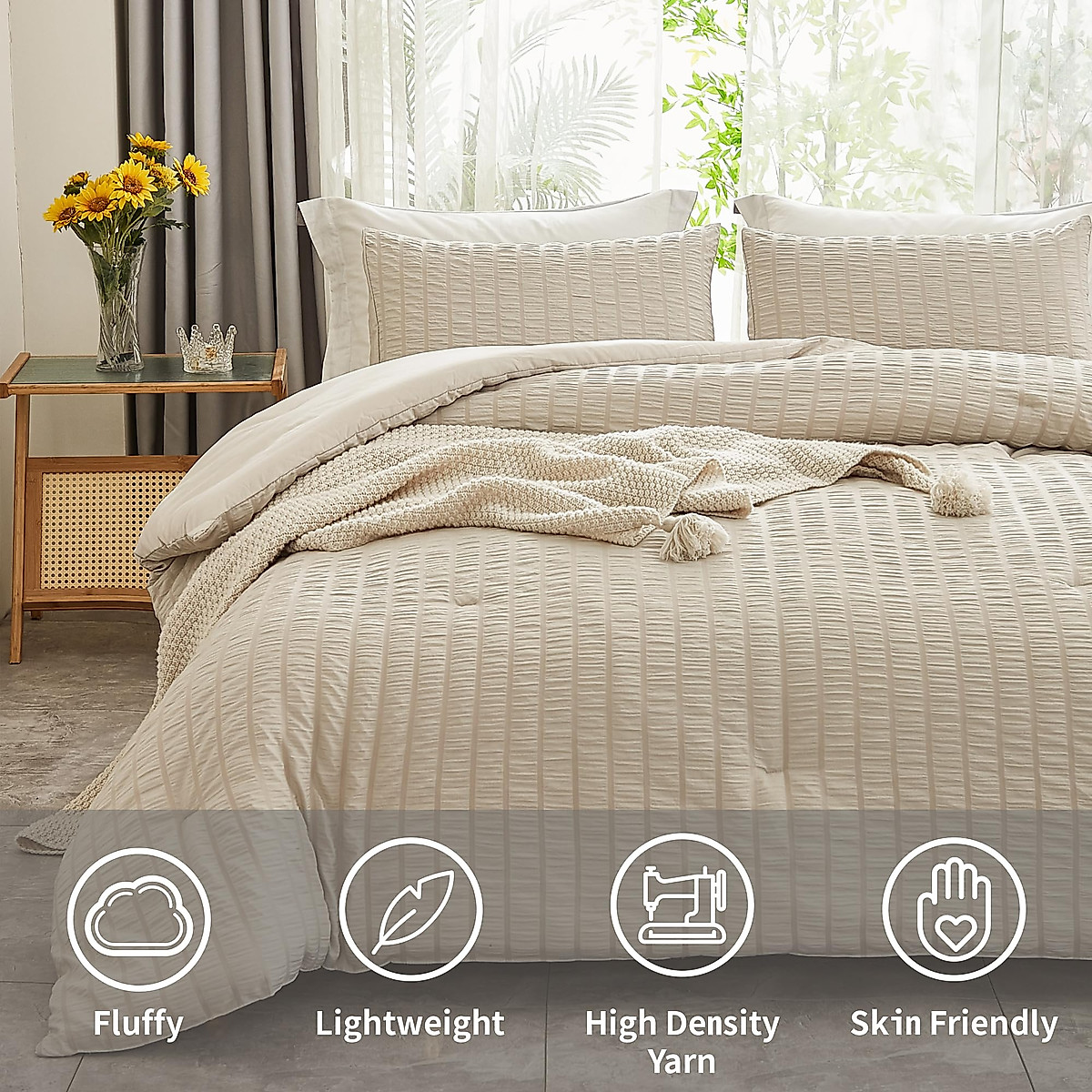 AveLom Beige Seersucker Twin Comforter Set (68x90 inches), 2 Pieces-100% Soft Washed Microfiber Lightweight Comforter with 2 Pillowcases, All Season Down Alternative Comforter Set for Bedding