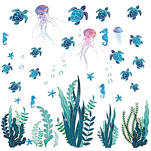 Nuanchu 28 Pcs Under The Sea Wall Decals Glow in The Dark Sea Turtle Ocean Grass Seaweed Jellyfish Peel Stick Underwater Wall Decoration for Kids Bedroom Bathroom Toilet (Vivid Style)