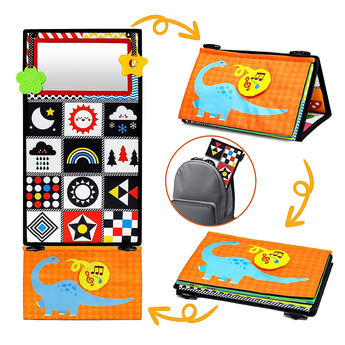 OKOOKO Tummy Time Floor Mirror Black and White High Contrast Baby Toy with Safe Mirror Soft Dinosaur Book Silicone Teethers Tummy Time Toy Montessori Sensory Toy for Newborn Baby Infant 0-12 Months