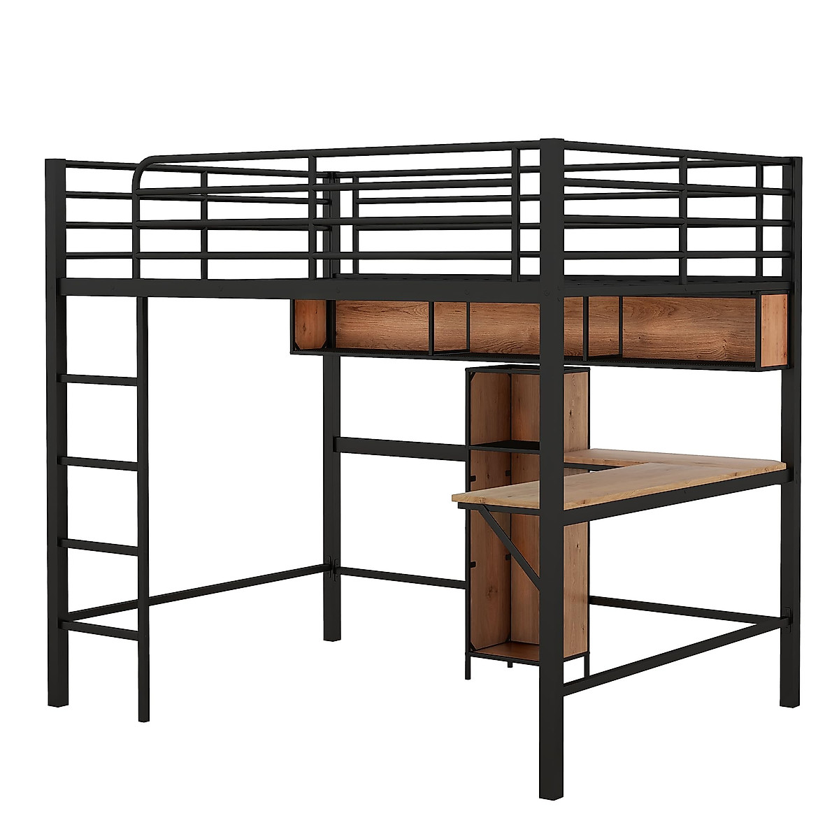 VilroCaz Full Size Metal Loft Bed with Wood L-Shaped Desk and Shelves, Multi -Functional Design Loft Bed Frame with 15.2'' Height Guardrails for Kids Teens Adults, Space-Saving