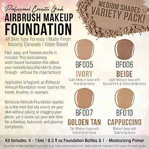 Belloccio Complete Cordless Handheld Airbrush Cosmetic Makeup System with 4 Medium Foundation Shades, Professional 18-Piece Kit, Moisturizing Primer, Blush, Bronzer, Highlighter, Concealer, User Guide