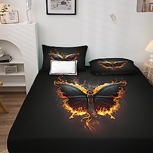Moth Sheets Split King Size, Flame Bed Sheets, Patterned Bedding Sheets & Pillowcases 5 Piece Set - Soft Microfiber Deep Pocket 2 Fitted Sheet & Flat Sheet & 2 Pillow Cases B3-&-51