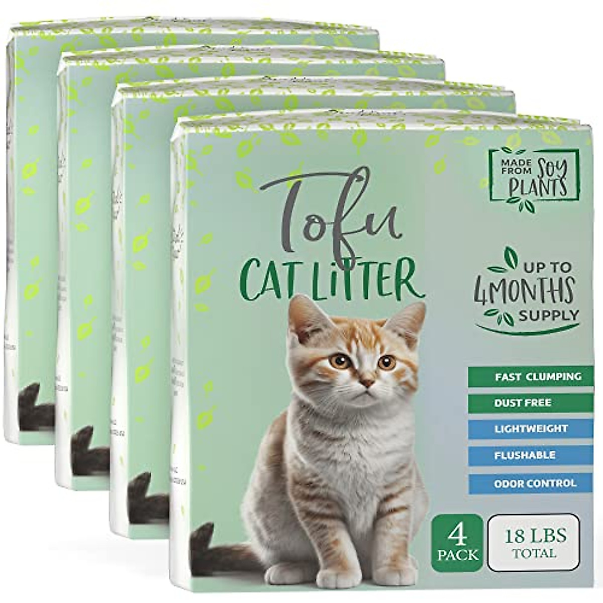 Natural Paw Tofu Cat Litter Lightweight Case of 4, Natural Odor Control Kitty Litter, 99.9% Dust Free, Fast Clumping Multi-Cat, Fast Acting Super Absorbing, Silica Free, Flushable, Unscented 18 Lb
