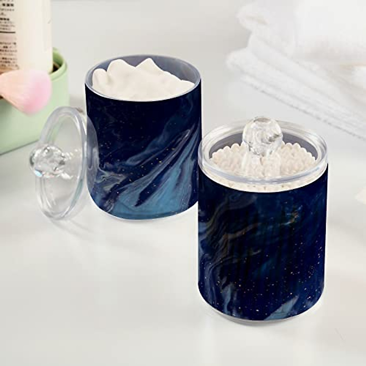 2 Pack Qtip Holder Organizer Dispenser Beautiful Navy Blue Marble Bathroom Storage Canister Cotton Ball Holder Bathroom Containers for Cotton Swabs/Pads/Floss