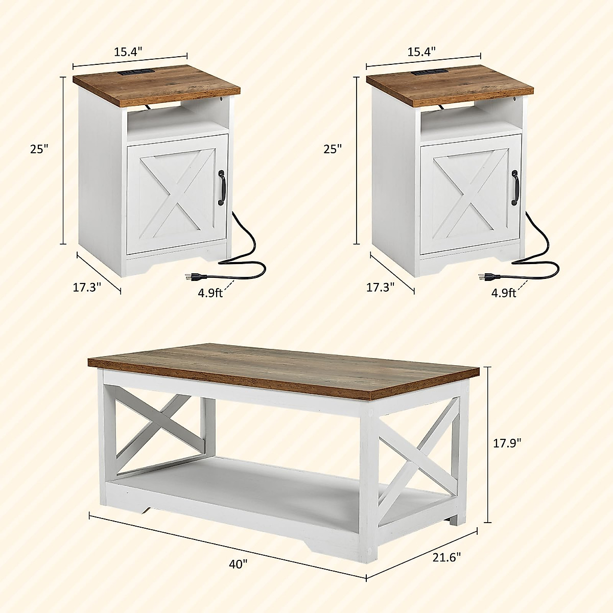 AMERLIFE 5-Piece Farmhouse Table Set Include 63" TV Stand with 26" Fireplace, 40" Coffee Table, 2 End Tables with Charging Station & USB Ports, Living Room Table Sets with Barn Door, Rustic Oak&White