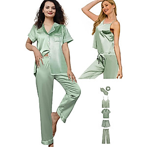 WJing Yi Jia 6Pcs Womens Silk Satin Pajama Sets Pj Sets Short Pjs Set Pajamas Sleepwear Camisole Sexy Cami Dusty Blue