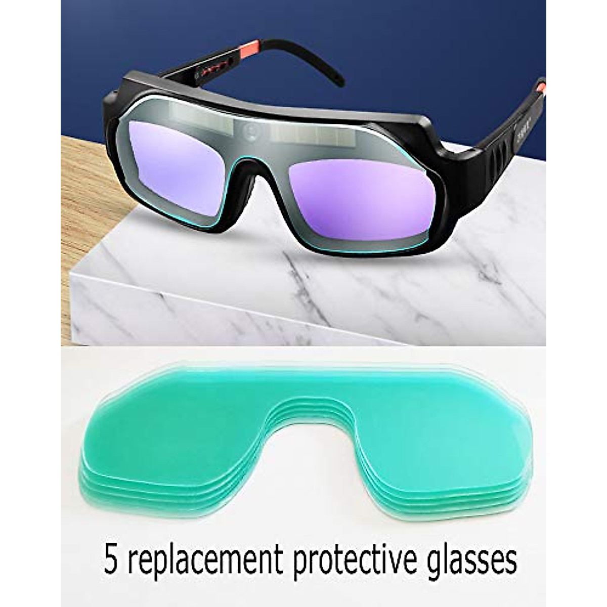Solar automatic darkening welding goggles, welding glasses, 5 PC protective lenses, With a storage box suitable for glasses