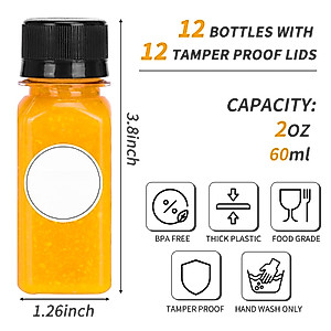 Moretoes 12pcs 2oz Shot Bottles with Caps, Reusable Clear Plastic Bottles for Liquids, Empty Containers for Ginger Shots, Juice and Other Beverages