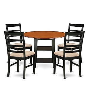 East West Furniture SUPF5-BCH-C 5 Piece Kitchen Table & Chairs Set Includes a Round Dining Table with Dropleaf & Shelves and 4 Linen Fabric Dining Room Chairs, 42x42 Inch, Black & Cherry