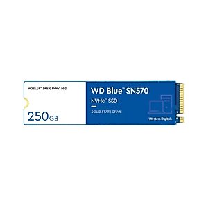 Western Digital 250GB WD Blue SN570 NVMe Internal Solid State Drive SSD - Gen3 x4 PCIe 8Gb/s, M.2 2280, Up to 3,300 MB/s - WDS250G3B0C