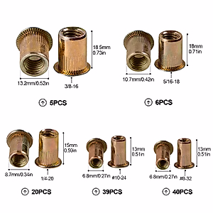 Jotyua Rivet Nut 110pcs #8-32#10-24 1/4"-20 5/16"-18 3/8"-16 Carbon Steel UNC Rivet Nuts Assortment Kit, Yellow Zinc Plated Finish, Flat Head Threaded Insert Nut Assort