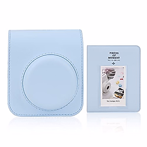 Solid color instant camera case compatible with Fujifilm Instax Mini 12 instant camera -mini 12 camera case PU leather bag with pocket and adjustable shoulder strap and 64 Pocket Album (Sky Blue)