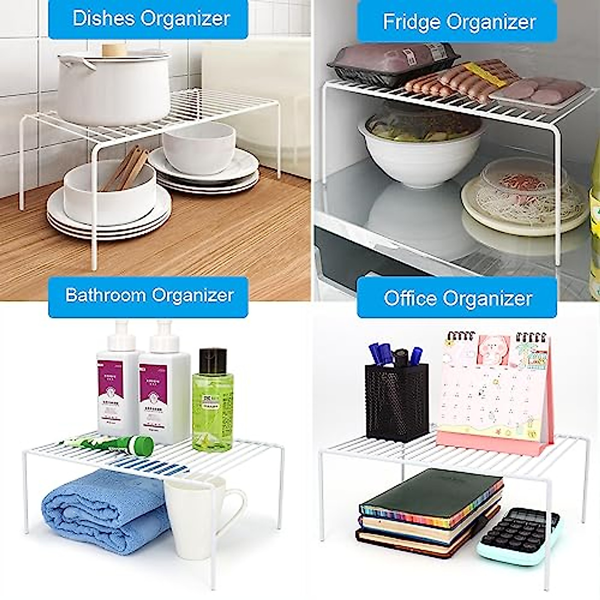 iPEGTOP Set of 4 Large (15.7 x 9.4 Inch) Kitchen Cupboard Organiser, Freezer Cabinet Storage Shelf Wire Rack, Rustproof Steel Shelves for Fridge Pantries Countertops Utensils -White