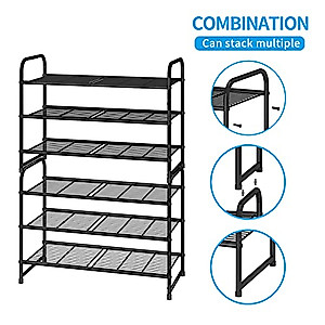 Simple Trending 3-Tier Stackable Shoe Rack, Expandable & Adjustable Shoe Shelf Storage Organizer, Wire Grid, Black