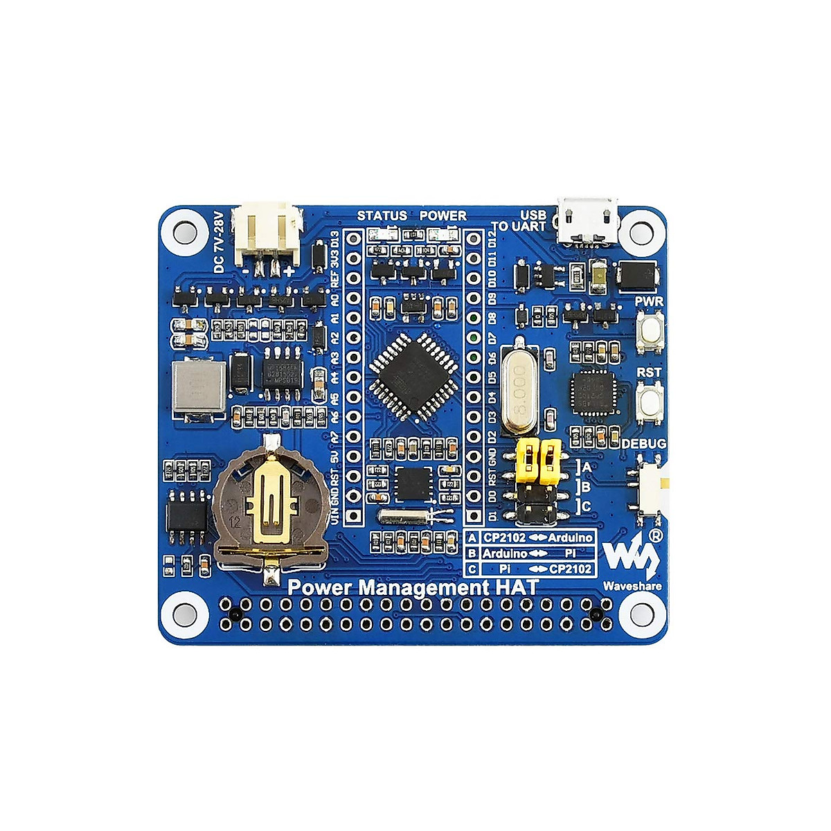 Waveshare Power Management HAT for Raspberry Pi with Embedded MCU and RTC Allows The Pi to Work More Power-efficient and More Safely.