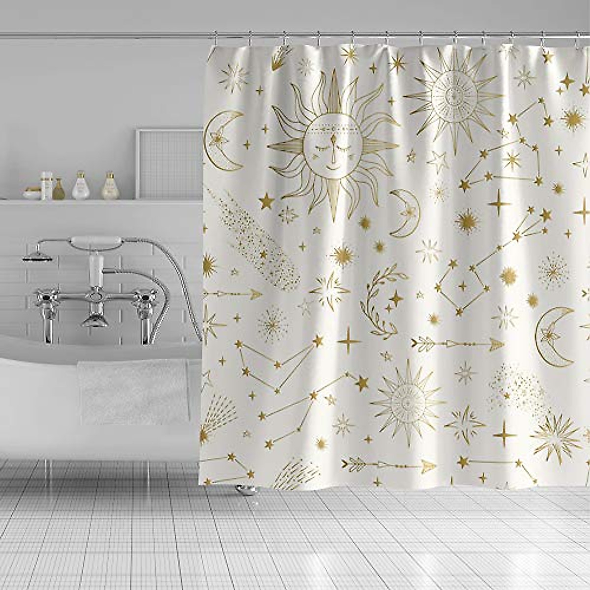 OERJU Boho Shower Curtain Sun Moon Stars Arrows Modern Fashion Art Gold Hand Drawing Chic Tribal Style Machine Washable Bohemian Bathroom Curtain Set with Hooks 72x96inch Waterproof Polyester