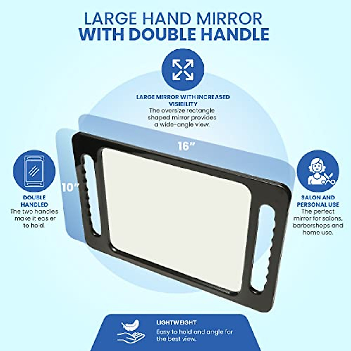 Large Hand Mirror with Double Handle - Rectangular Hand Held Mirror with Handle - Hair Salon Equipment Hairstylist and Barber Accessories (Black)