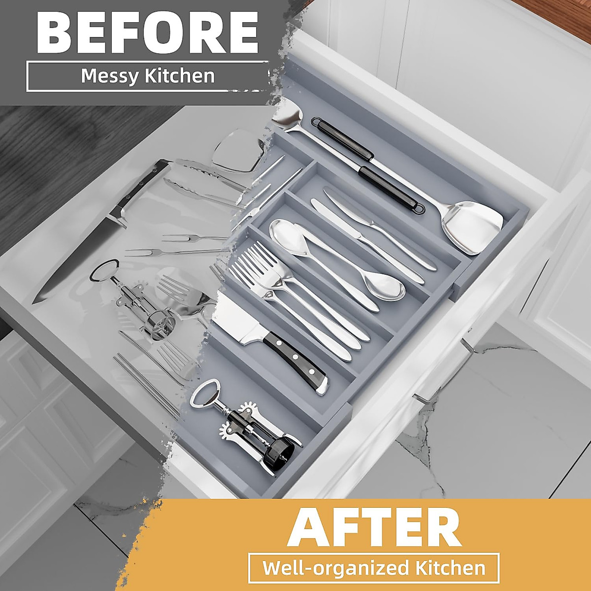 Chubangshou Utensil Organizer Silverware Holder, Adjustable Kitchen Drawer Organizer for Large Utensils, Bamboo Cutlery Organizer in Drawer (Black)