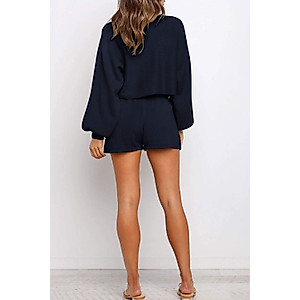 ZESICA Women's Casual Long Sleeve Solid Color Knit Pullover Sweatsuit 2 Piece Short Sweater Outfits Sets,Navy,Medium