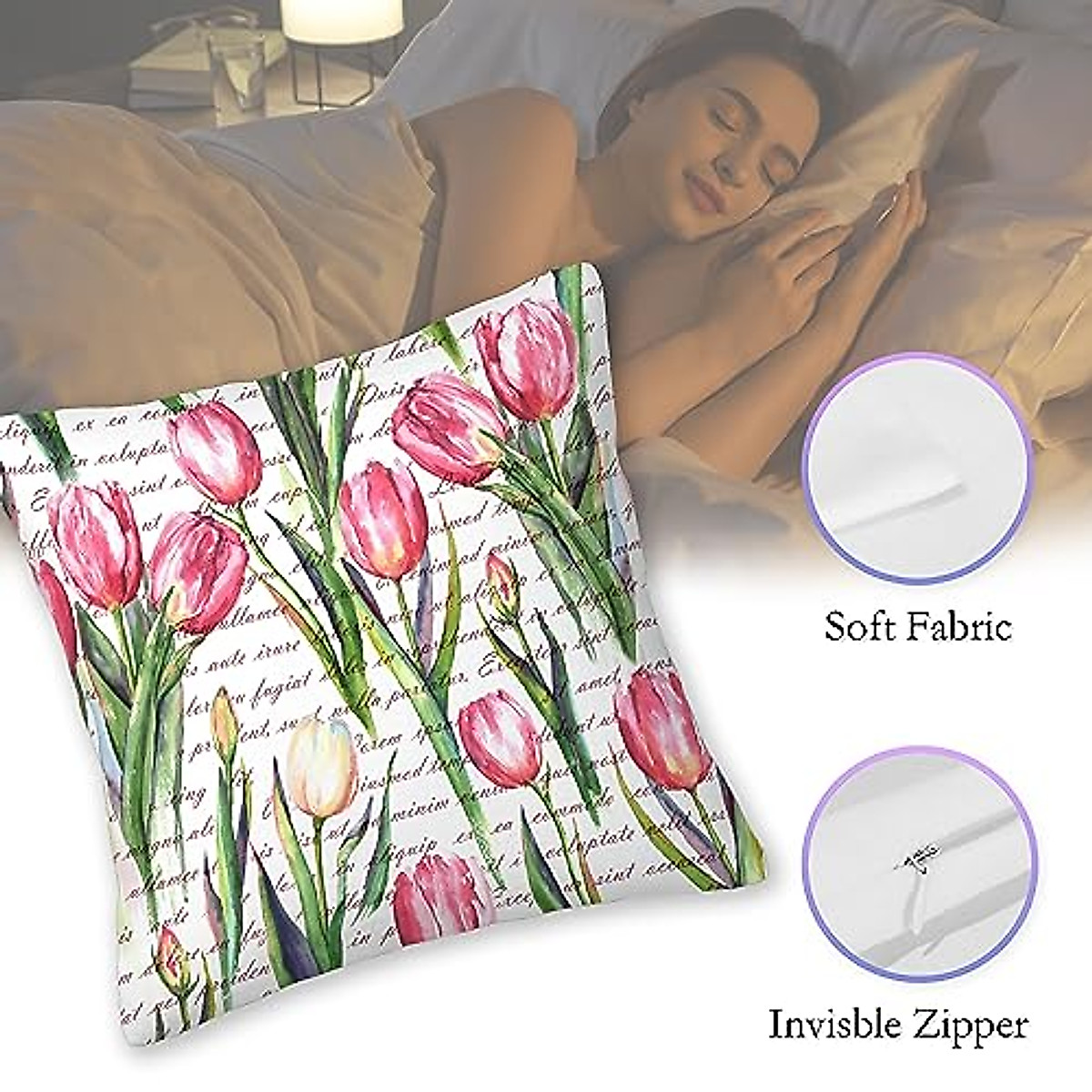 SKYDAWNY Pink Tulip Flowers Pillow Covers, Spring Throw Pillow Cases 18x18 in Square Pillowcases Set of 2 for Home Decorative Living Room Sofa Bedroom Outdoor,Double-Sided Design