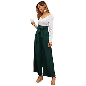 SweatyRocks Women's Casual High Waist Belted Wide Leg Pants with Pocket Green L
