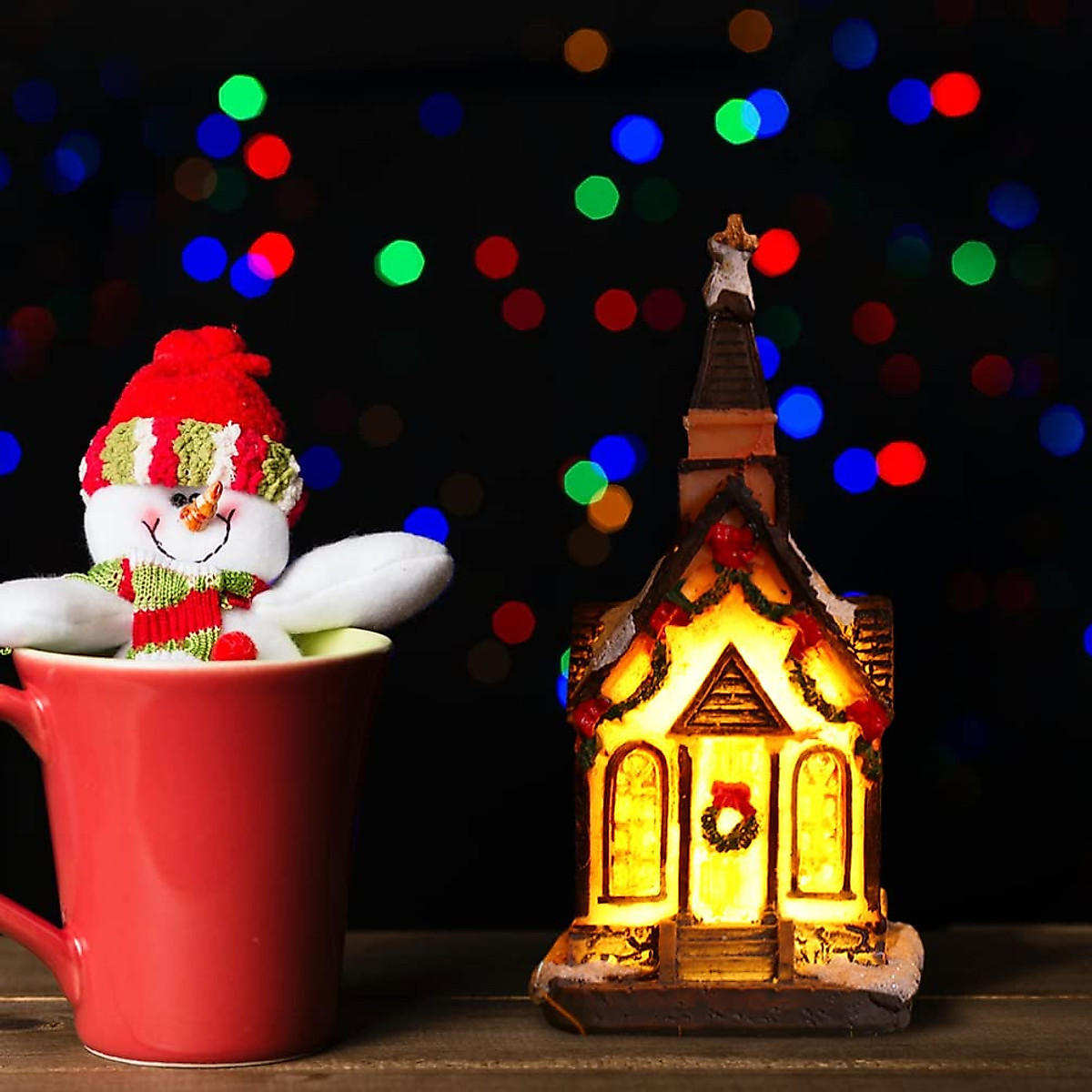 NUOBESTY Christmas Village Houses Set, 2PCS Luminous Christmas Scene Village Resin Christmas House Light up Christmas Decoration Tabletop Ornaments