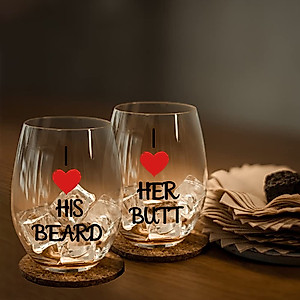 Perfectinsoy I Like His Beard, I Like Her Butt Wine Glass Set of 2, Wedding Gifts for Husband, Wife, Bride, Groom, Soulmate, His and Her Anniversary, Engagement Anniversary, Bridal Showers