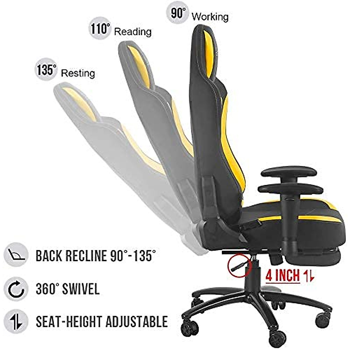 Gaming Chair Racing Footrest Massage Computer - Cushioned Comfort High Back PU Leather USB Vibrator Ergonomic Recliner Home Office Video Game for Kids for Gift for PS5 (Yellow, D06)