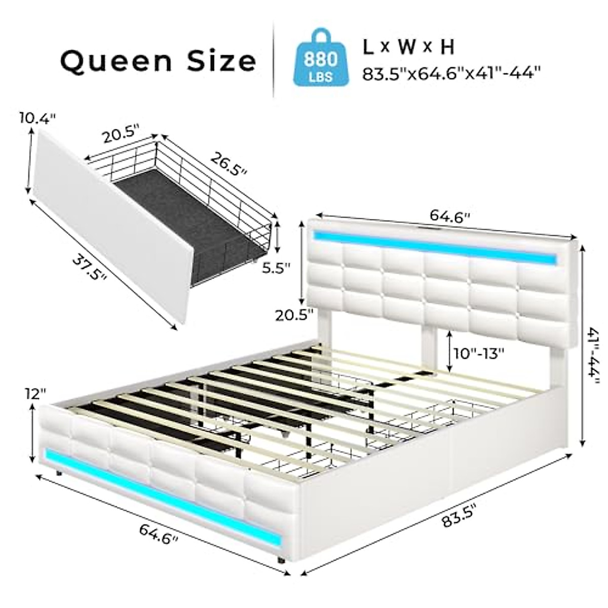 BTHFST Queen LED Bed Frame with Headboard, Faux Leather Platform Bed Frame with 2 USB Charging Station & Storage Drawers, No Squeak, White