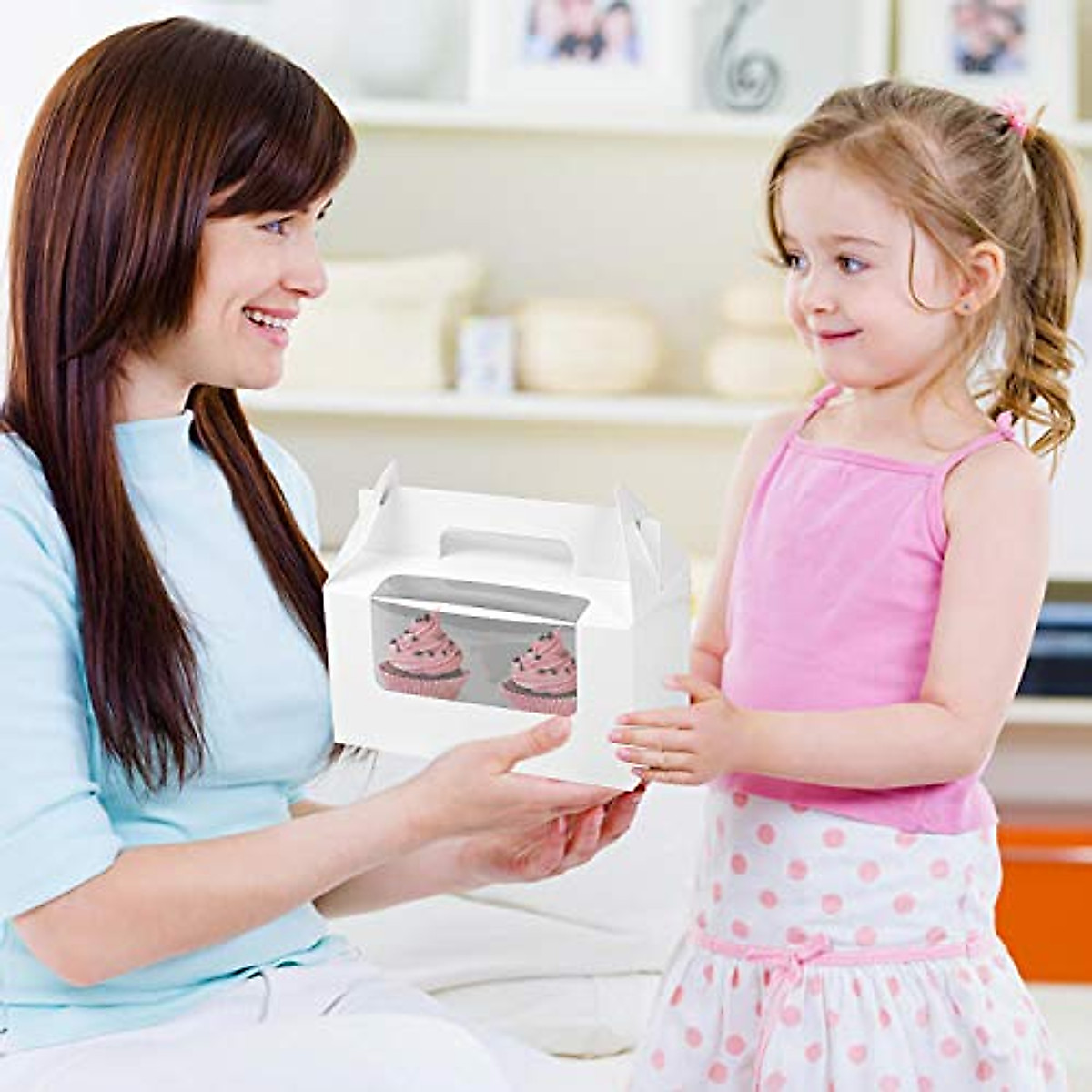 20 Pcs Cupcake Boxes, 2 Holders Cupcake Containers Muffins Cupcakes Carriers Holder Pastry Containers Favor Candy Treat Boxs Bakery Boxes with Window & Handle for Wedding Birthday Party (White)