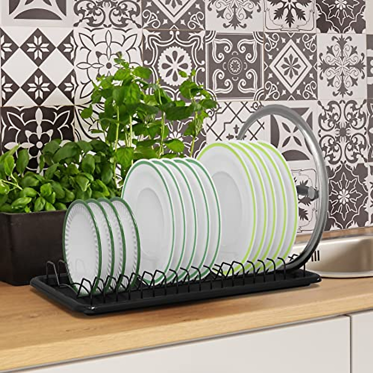 Simple Houseware Plate Drying Rack with Drainboard, Black