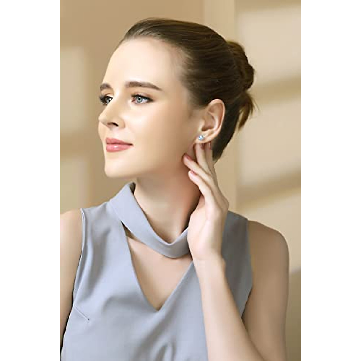 Light Blue Earrings for Women Sterling Silver Studs Genuine Gemstone 5mm Round Blue Topaz Earrings for Bridesmaids Birthday Gift December Birthstone