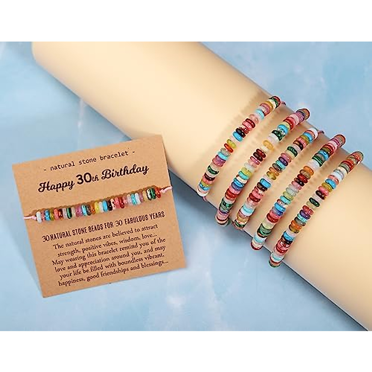 Miss Pink 30th Birthday Gifts for Her, 30 Years Old Birthday Gifts Thirty Natural Healing Stone Beads Bracelet with Card for Women Happy 30th Birthday Turning 30 yrs Old Gift for Friends Sister